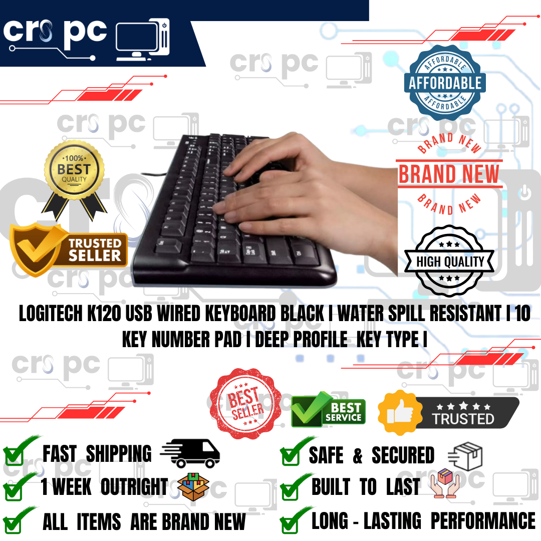 LOGITECH K120 USB WIRED KEYBOARD BLACK I WATER SPILL RESISTANT I 10 KEY ...