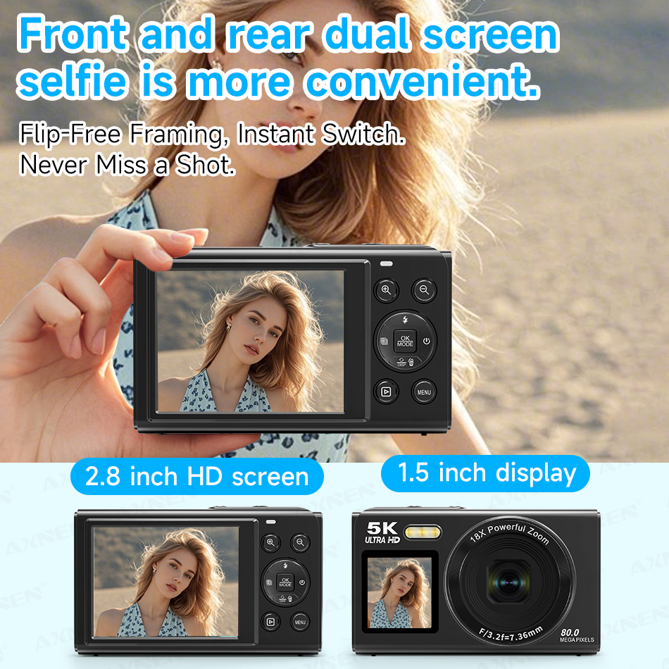 VETXI-3 Digital camera, 5K 80MP dual-screen camera, 2.8-inch 1.5-inch ...