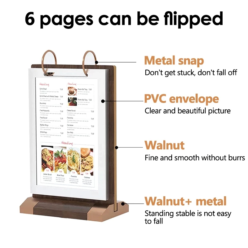 [COD]Walnut Flip Table Card pvc Menu Binder Display Stand A4/A5 ...