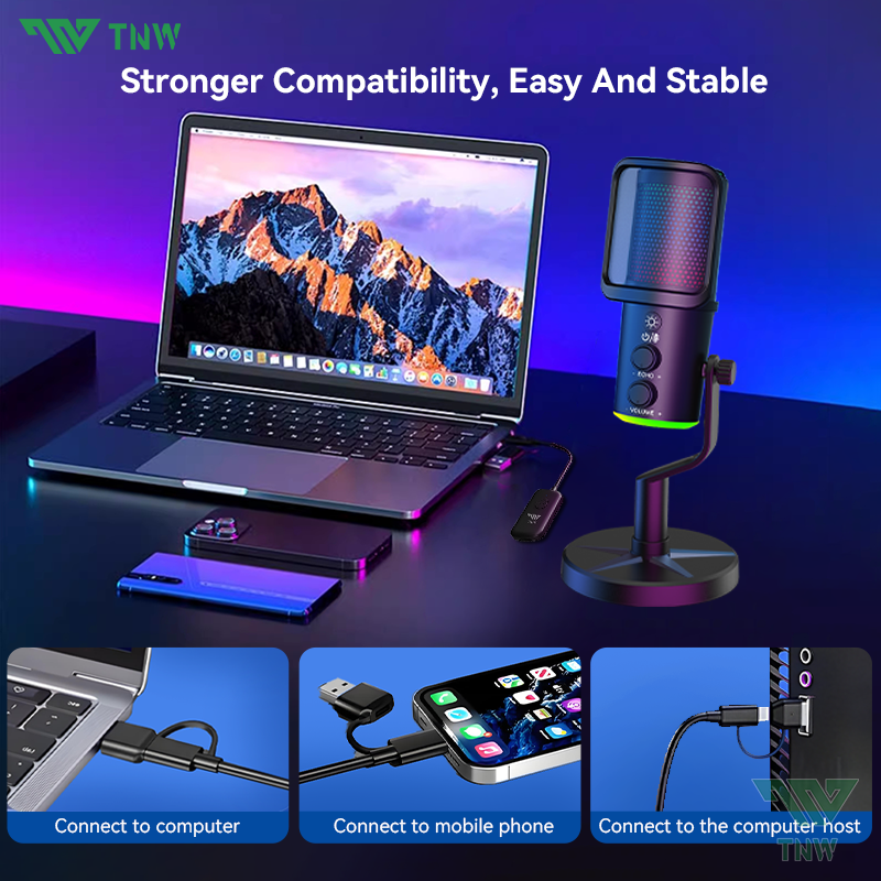 TNW K20 USB Condenser Microphone RGB Gaming Mic Smart Noise Reduction ...