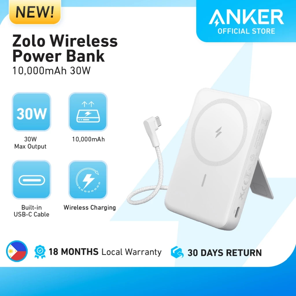 Anker Zolo Wireless Power Bank 10,000mAh 30W with Built-in USB-C Cable ...