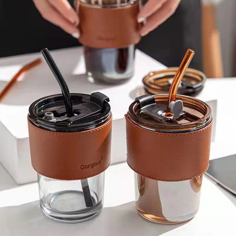 Ecocarry 5pcs 420ml Leak-Proof Glass Coffee Cup with Straw Travel Mug ...