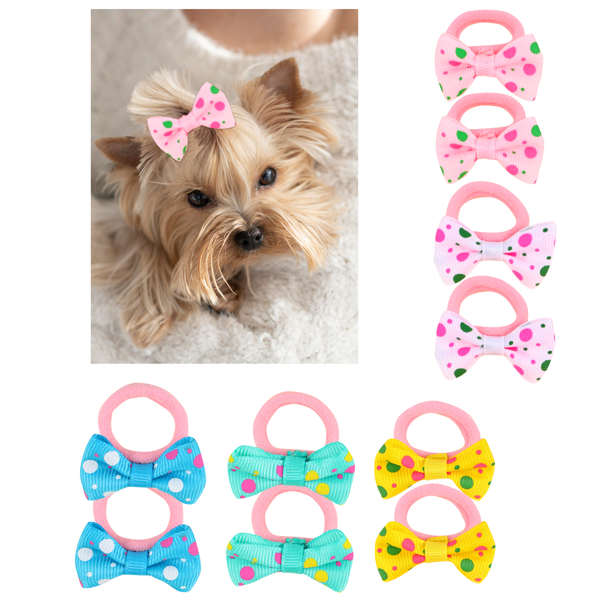 10Pcs/set Colorful Polka Dot Bows Hair Ties Small Cute Pet Dog Cat Hair ...