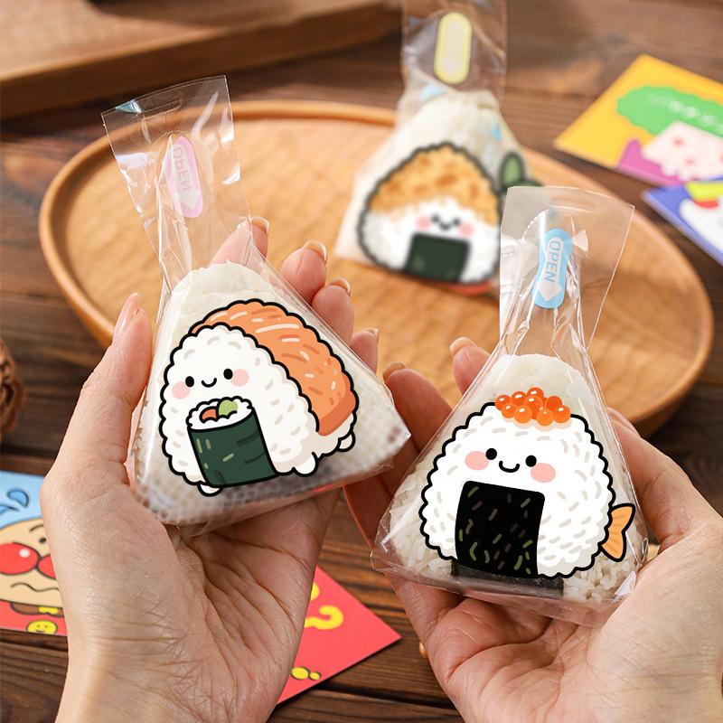 100 Pcs Cute Cartoon Triangle Rice Ball Packing Bag Seaweed Sushi Mould ...