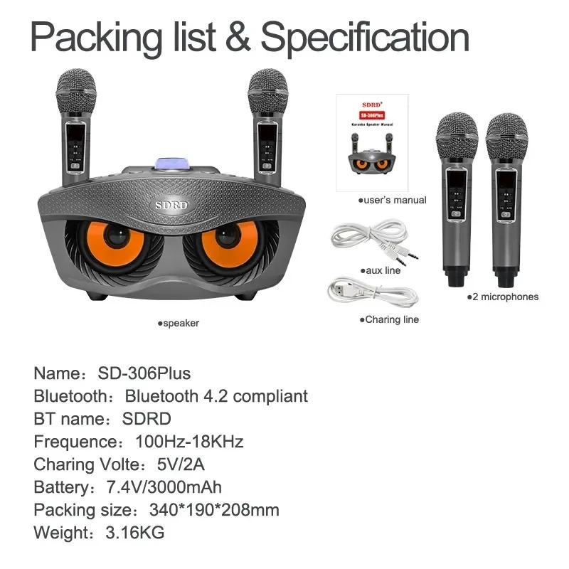 SDRD SD-306 Wireless Bluetooth Dual Microphone Karaoke Portable 3D ...