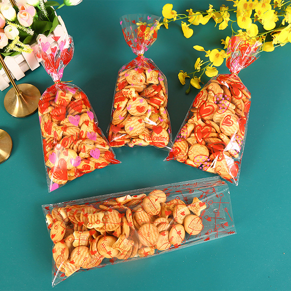 50pcs/set Red Heart Valentine's Day Candy Bag Cellophane Cookie Pouch ...