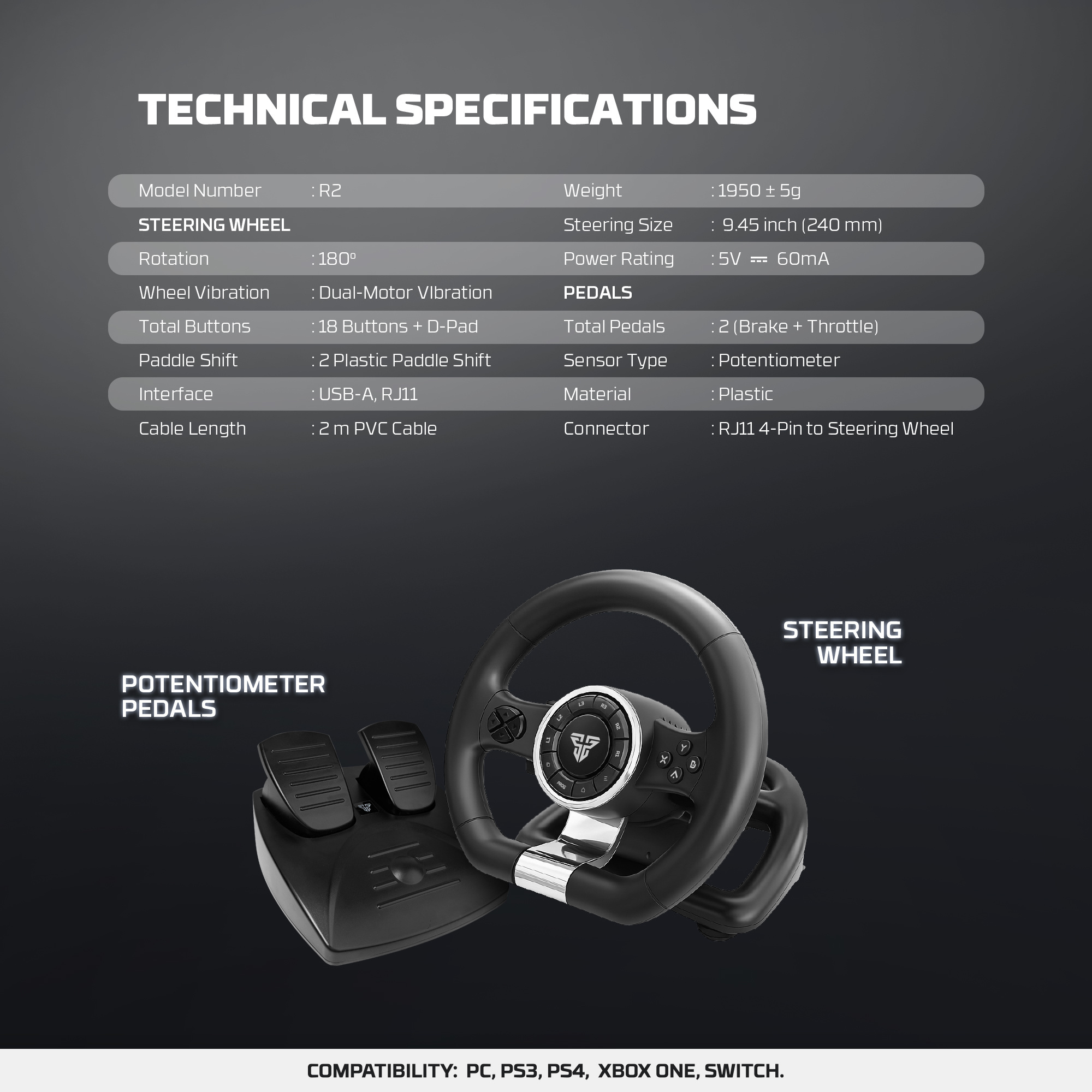 Fantech R2 Racing Steering Wheel Dual Motor Vibration PC Driving Wheel ...