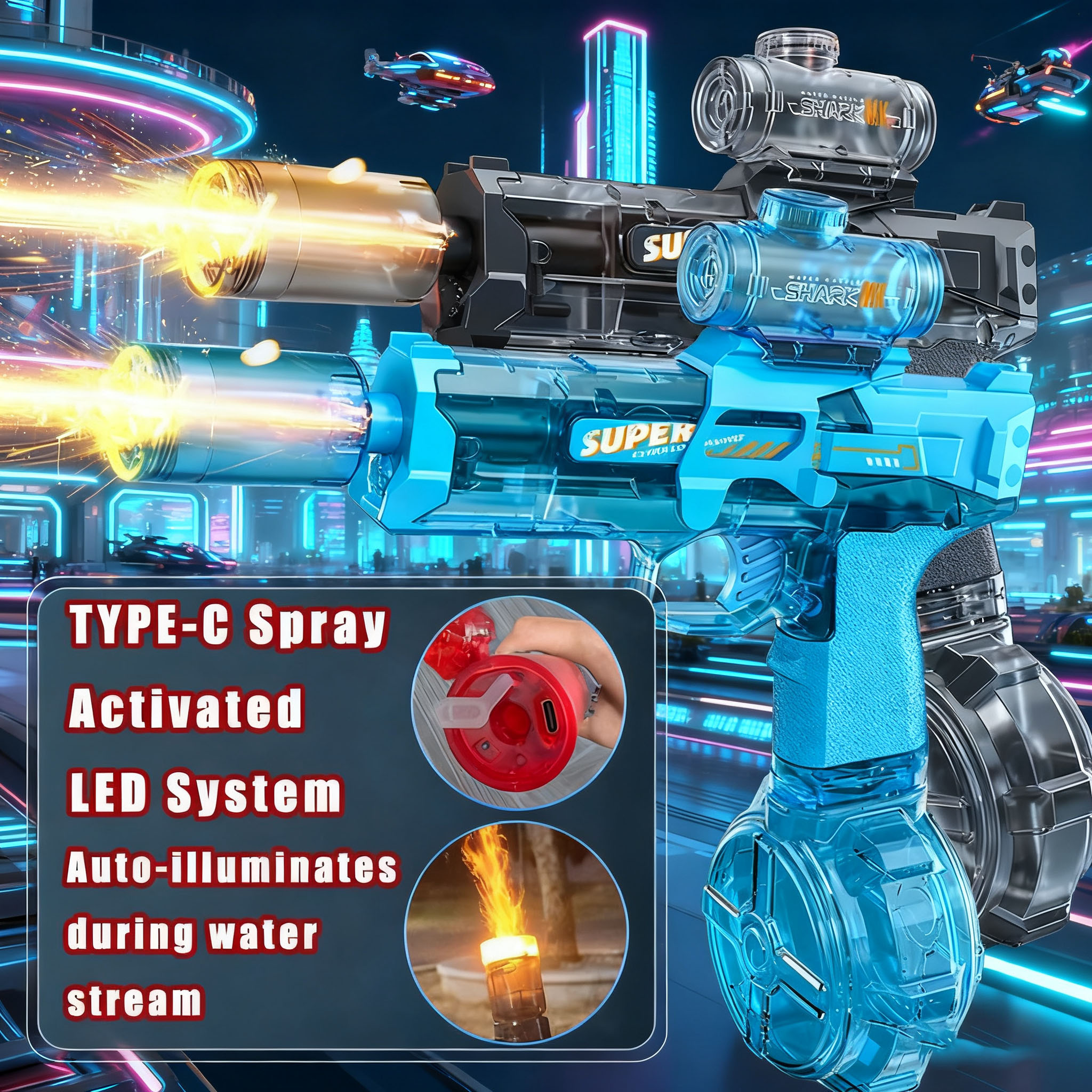 Electric Water Gun Toy Flame Effect High-pressure Rapid-Fire Large ...