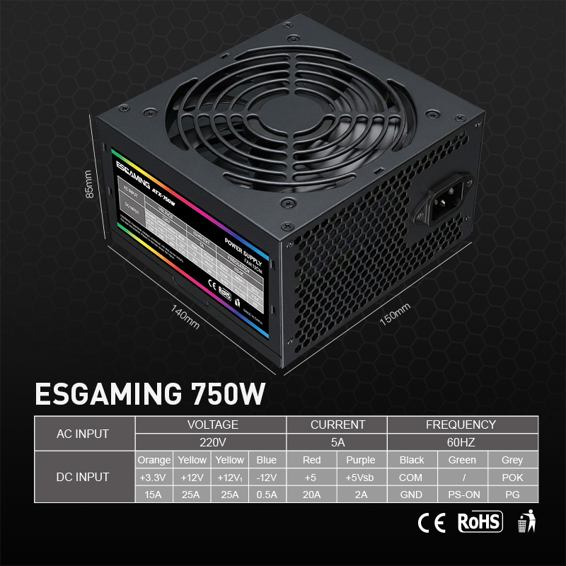 Esgaming Computer ATX 750W Power Supply Full Modular PSU For Desktop PC ...