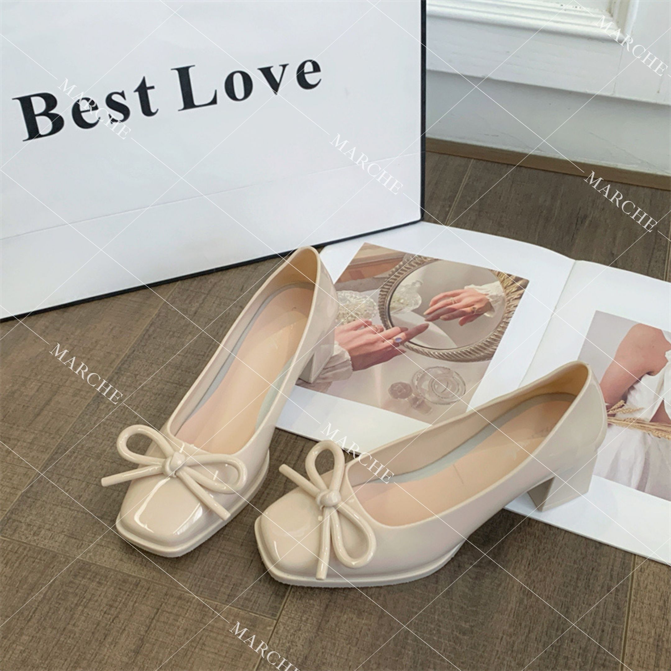 Marche Fashion Square Toe Glossy Rubber Thick Heel High-Heeled Single ...