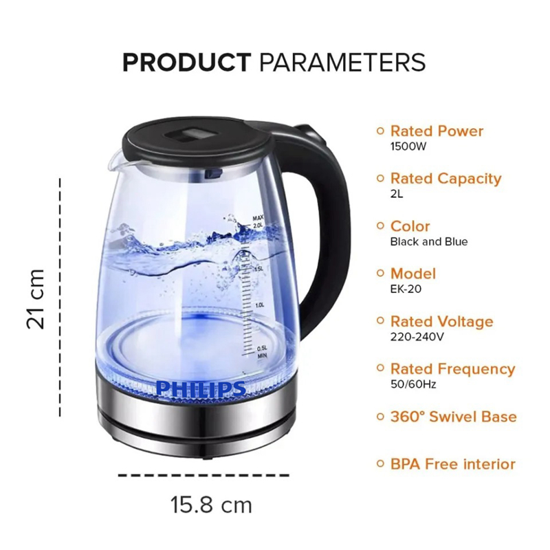 Philips 2L Capacity Glass Electric Kettle Household Fast Insulation ...