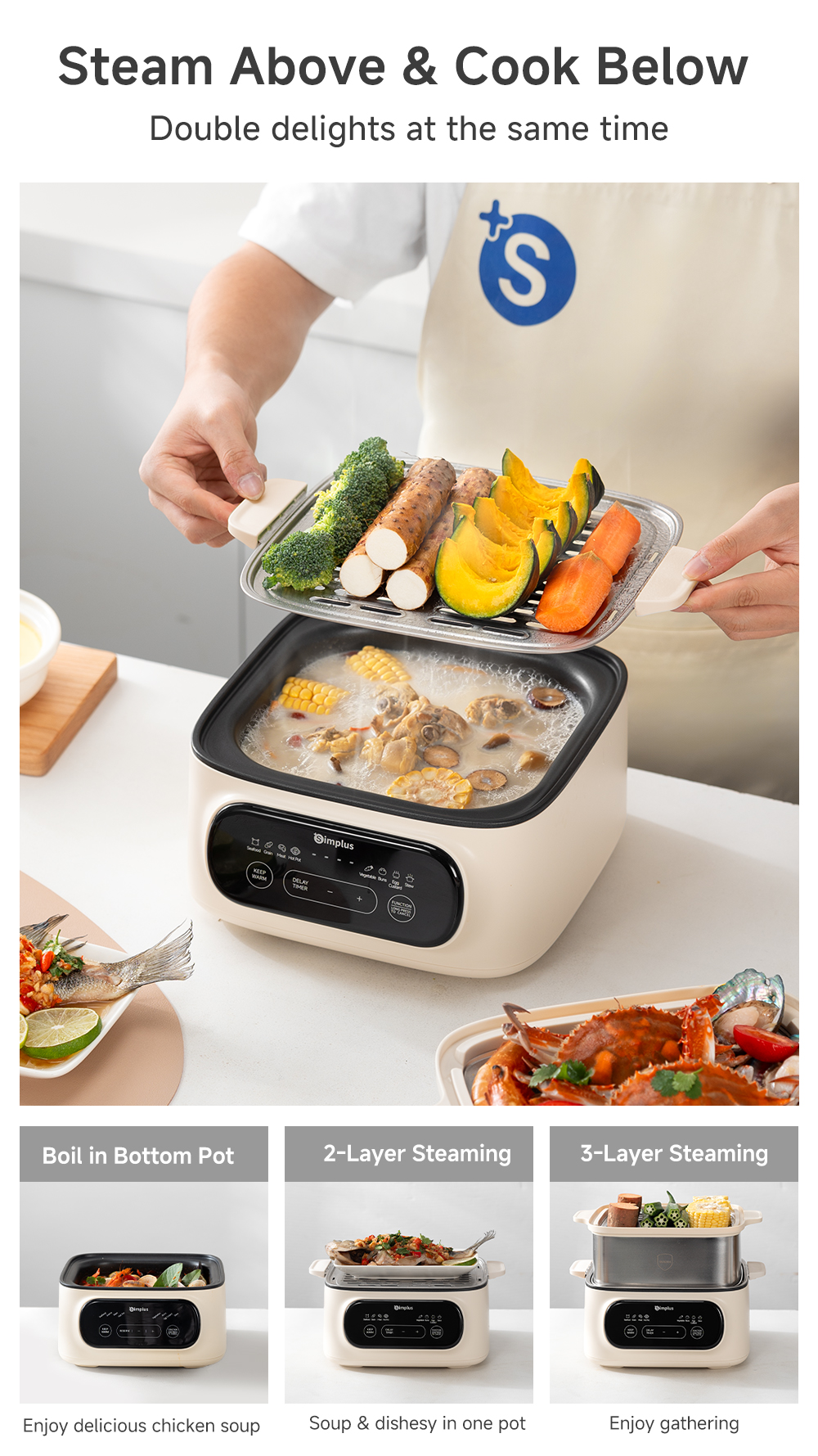 Simplus Electric Steamer 2-Tier Steamer, 11L Capacity, 24h Reservation ...