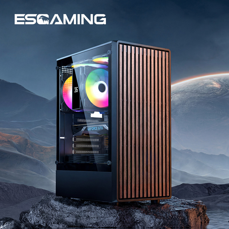 ESGAMING Wooden Grain Gaming Computer Case ATX M-ATX Chassis Mid Tower ...