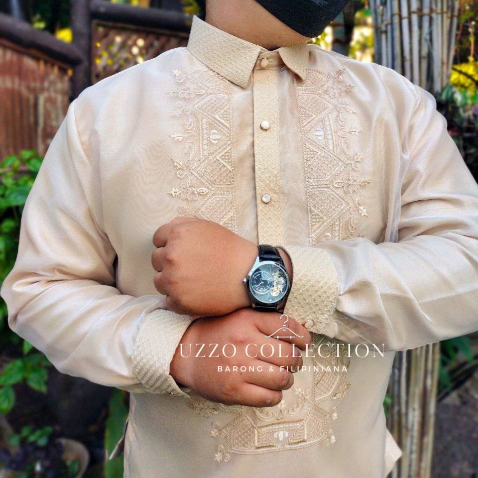UZZO Beige Modern Barong Tagalog with Lining Embroidered Collar and ...