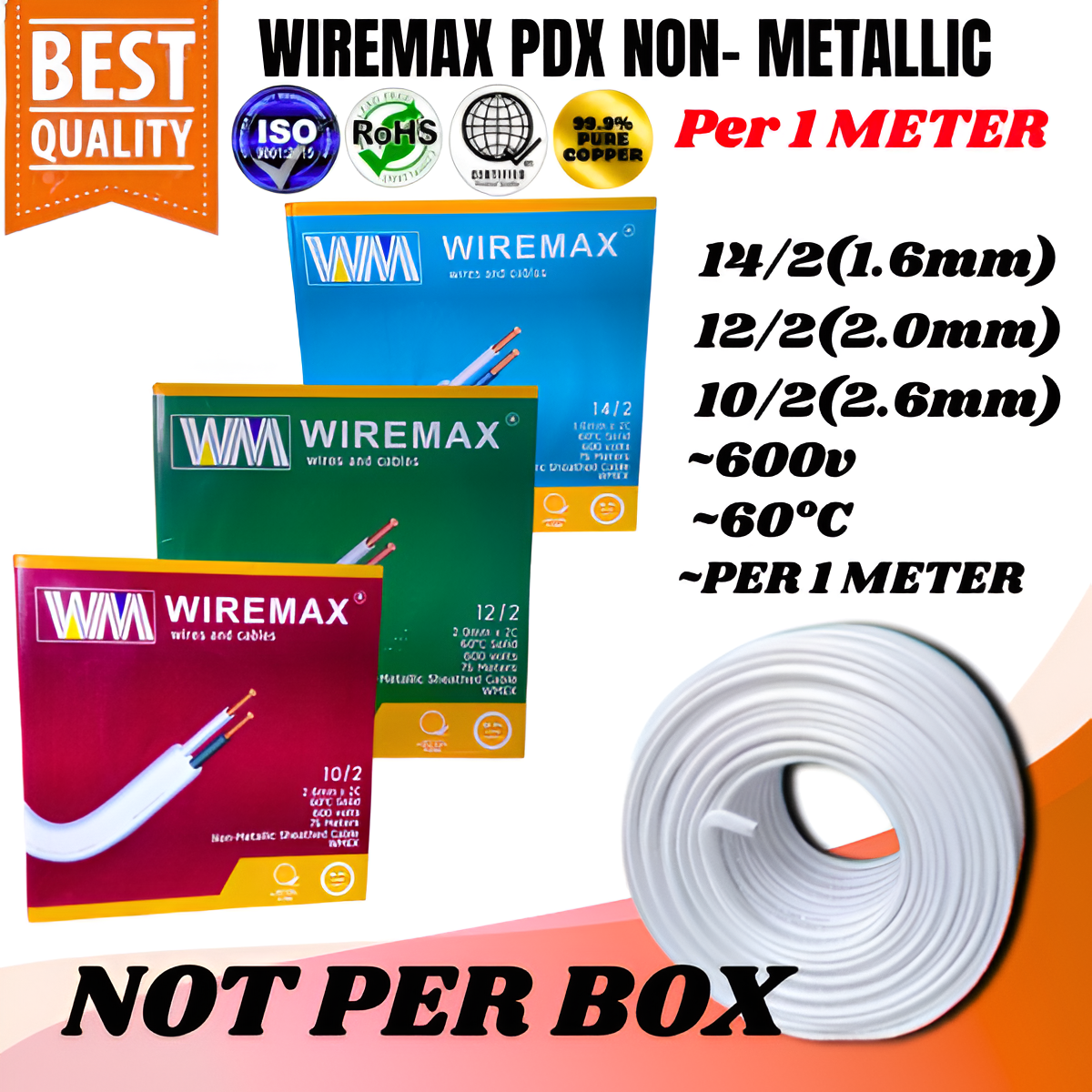 WIREMAX PDX Non Metallic Wire 14/2 (1.6mm/2C) 12/2 (2.0mm/2C) 10/2 (2 ...