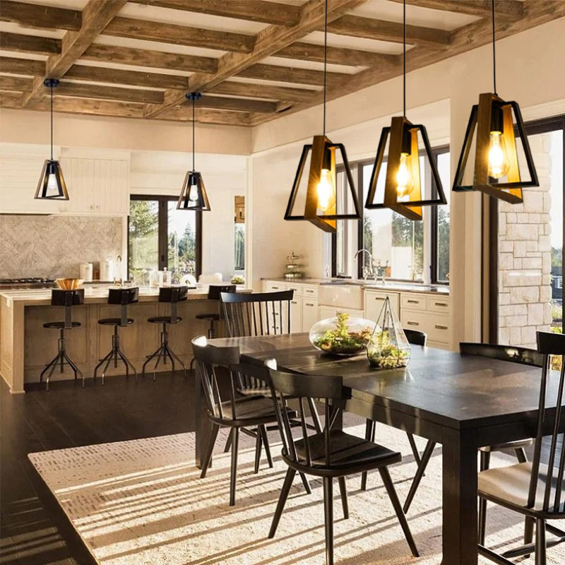 Hanging Light 3 Head Black Industrial Metal and Vintage Wood Pendant ...
