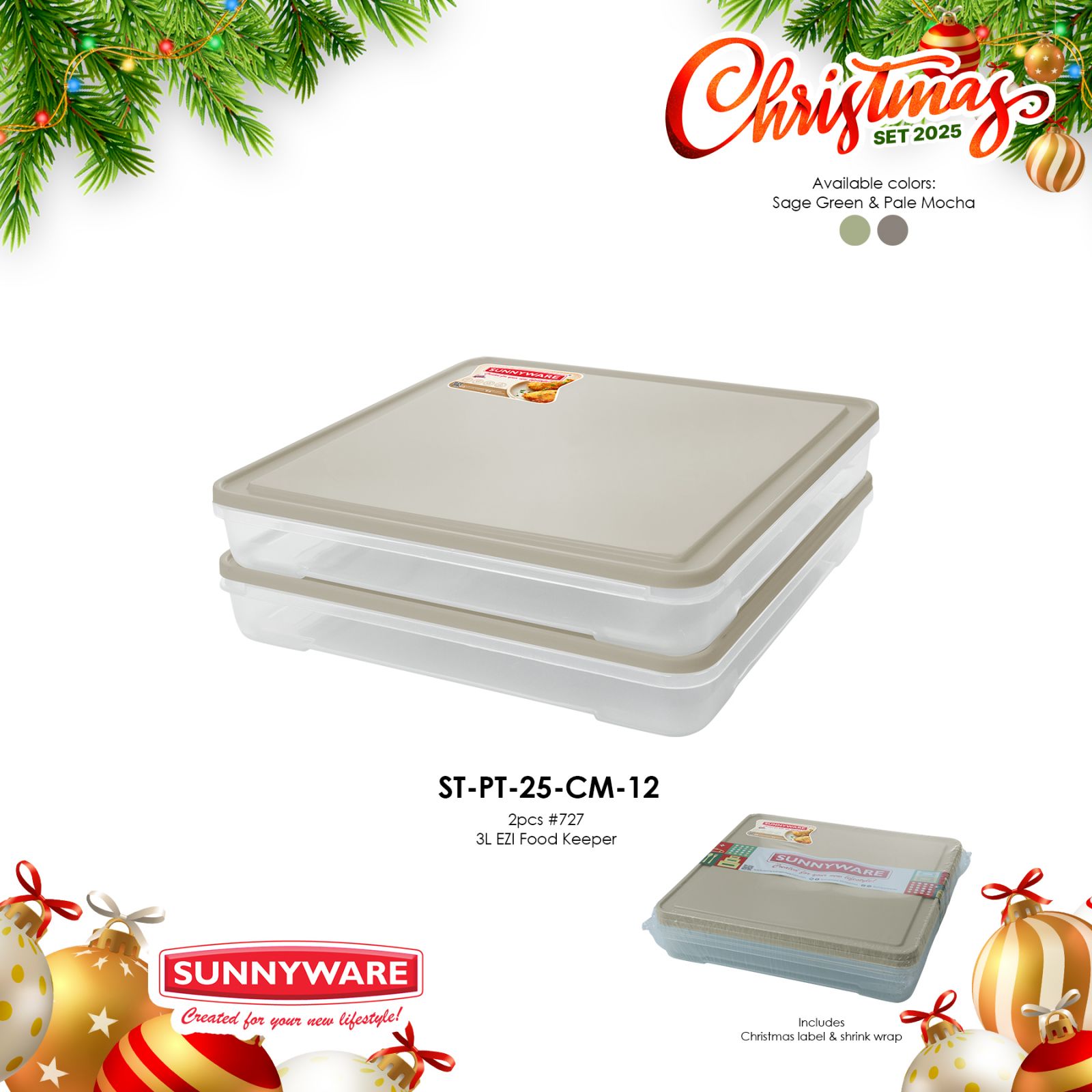 Sunnyware 2025 Christmas Set 12 (2 x 727) 3L EZI Rectangle Food Saver ...