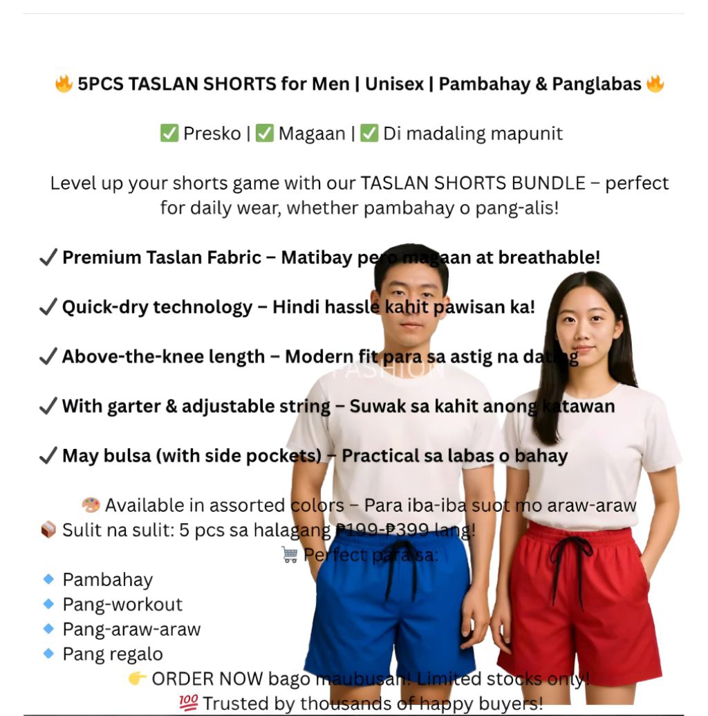 Casual Taslan Short For Men/Women Unisex 12pcs bawat order | Shopee ...