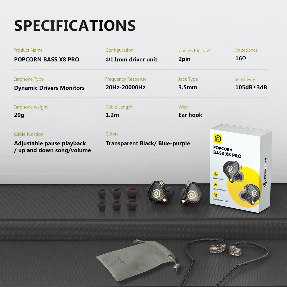 Popcorn Bass X8 Pro Dynamic Earphones Live Stream Hi Fi Bass Earbuds In ...