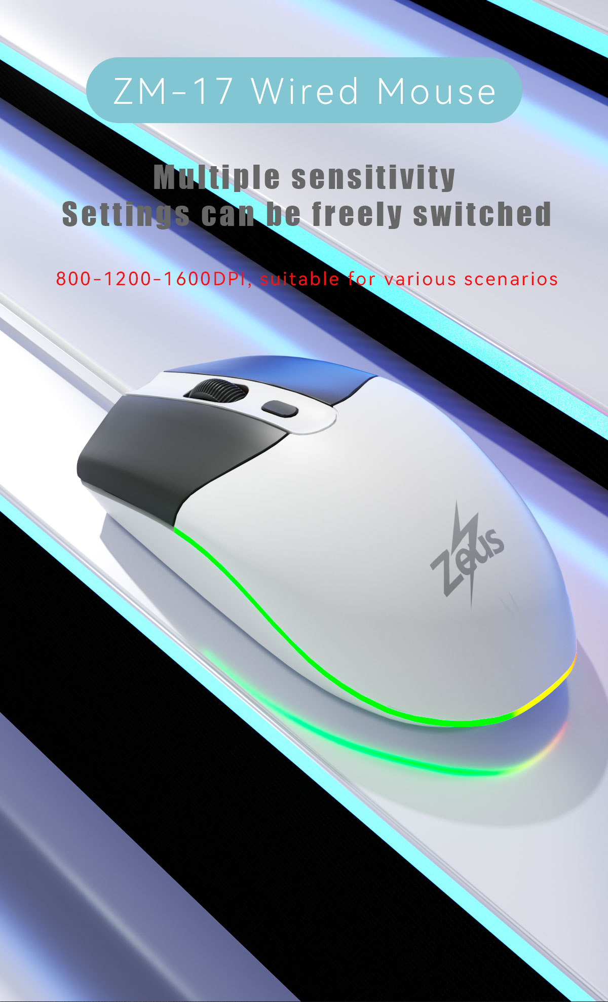 Zeus ZM-17 RGB Wired Gaming Mouse 3 Adjustable DPI (800/1200/1600 ...