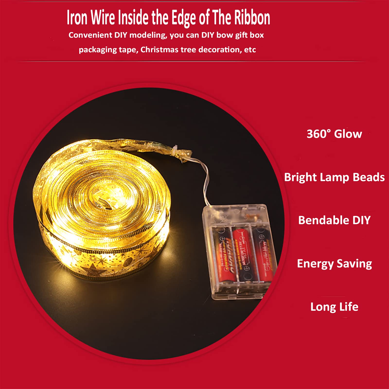 Christmas Ribbon with Lights 4M 100 LED Battery Operated Colorful ...