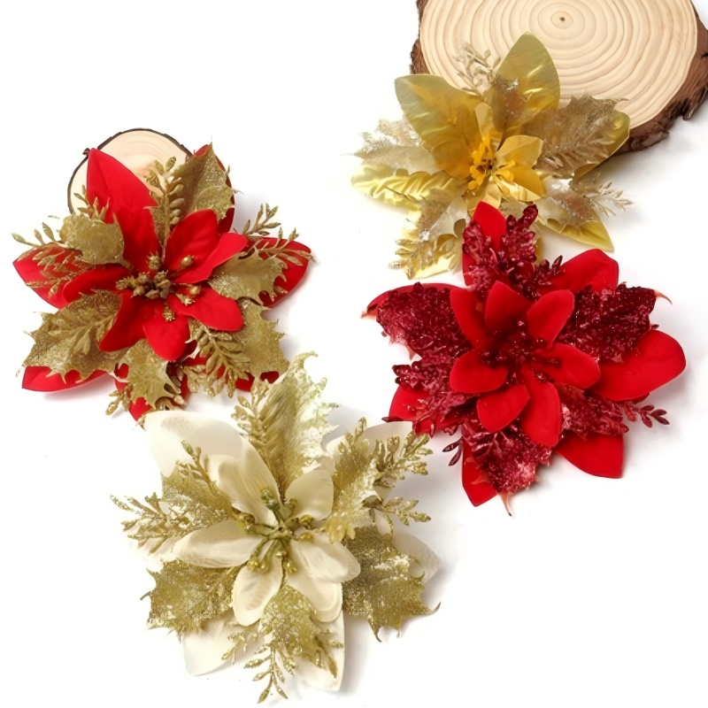 5PCS Poinsettia Artifical Christmas Tree Flowers For Decor 9/14/15CM ...