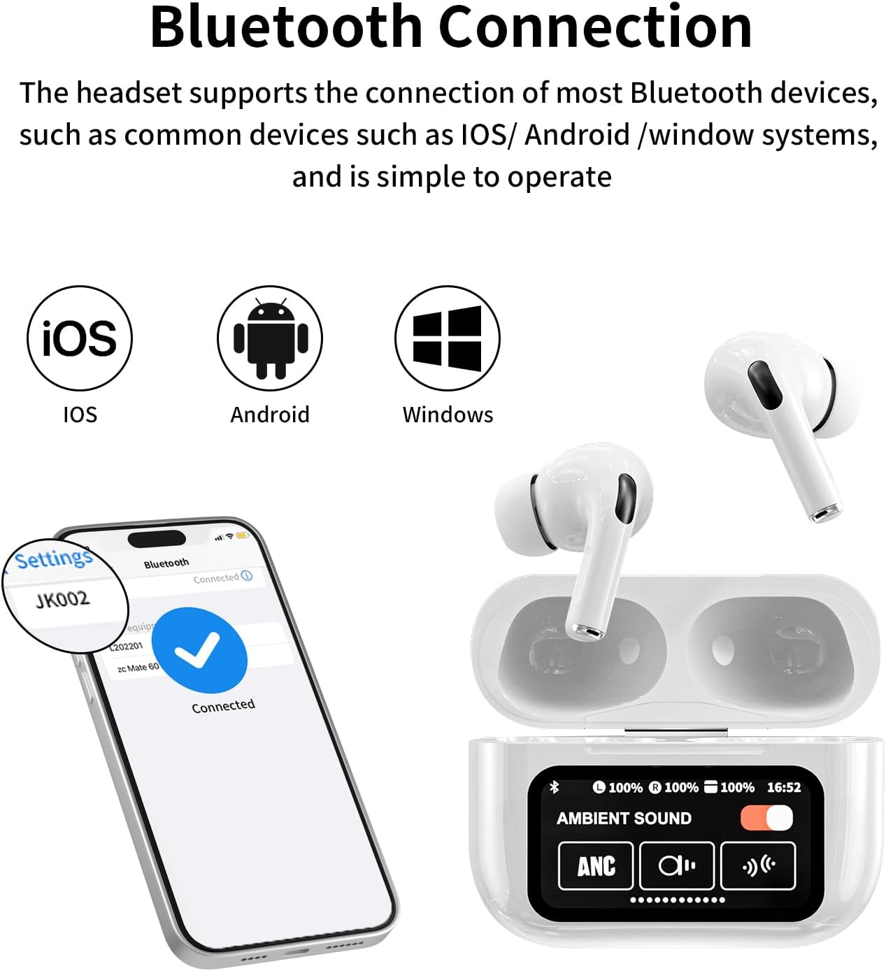 A9 Pro Wireless Earphones Bluetooth 5.4 LED Touch Screen Headphones ANC ...