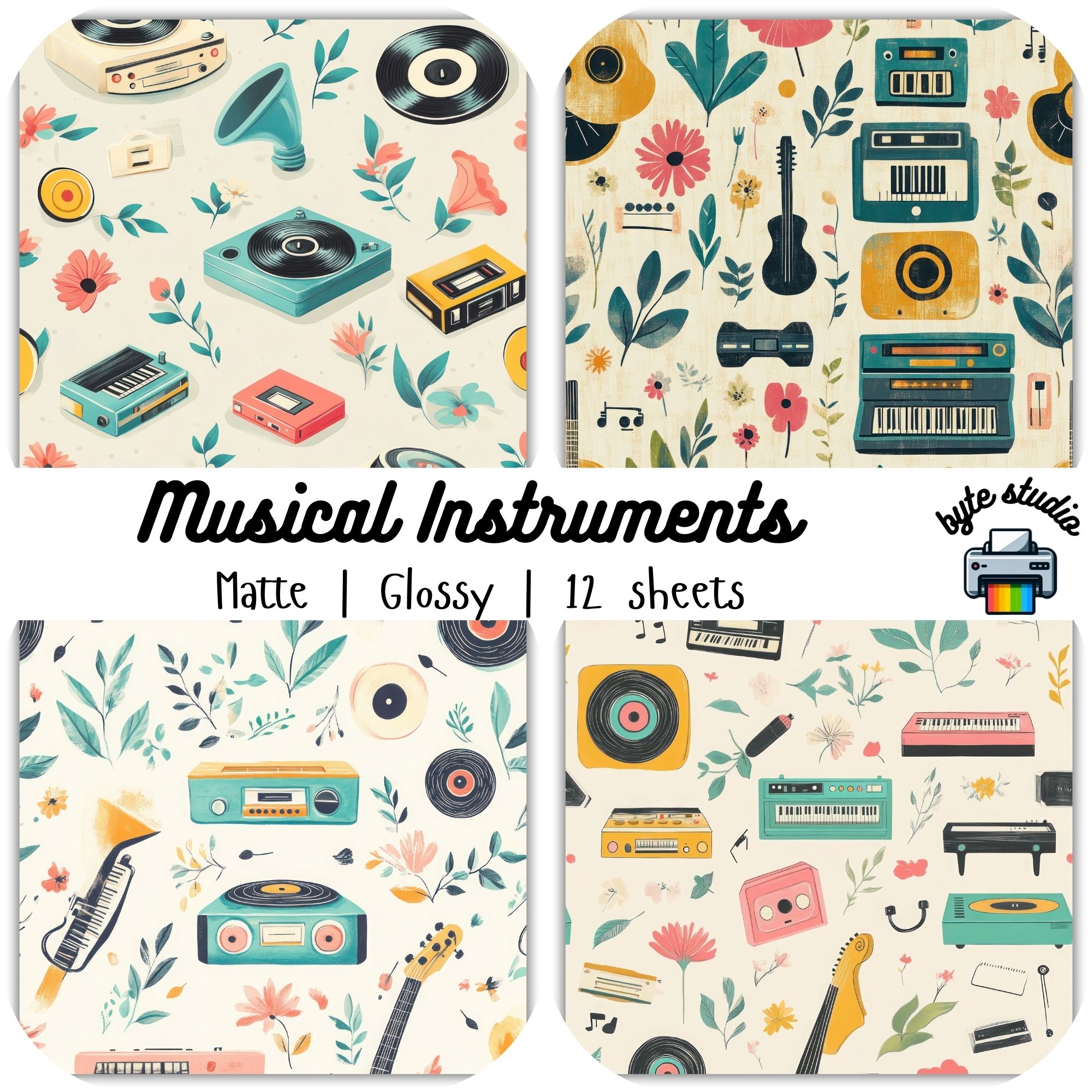 12 Sheets 8x8 Musical Instruments by byte studio | Cardstock Craft ...