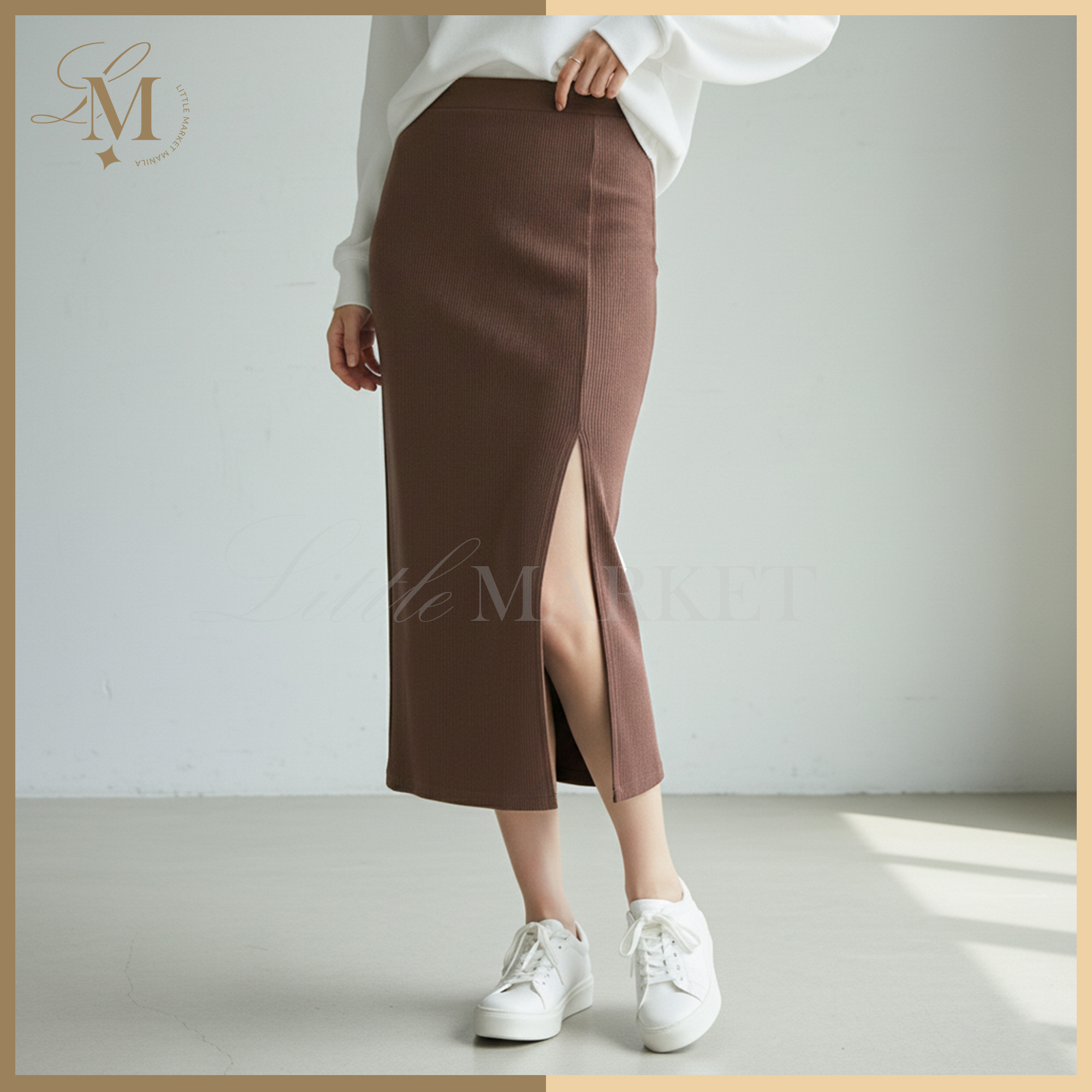 LittleMarket High Waist Ribbed Knit Midi Skirt for Women Slit Slim Fit ...