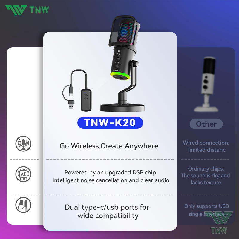 TNW K20 USB Condenser Microphone RGB Gaming Mic Smart Noise Reduction ...