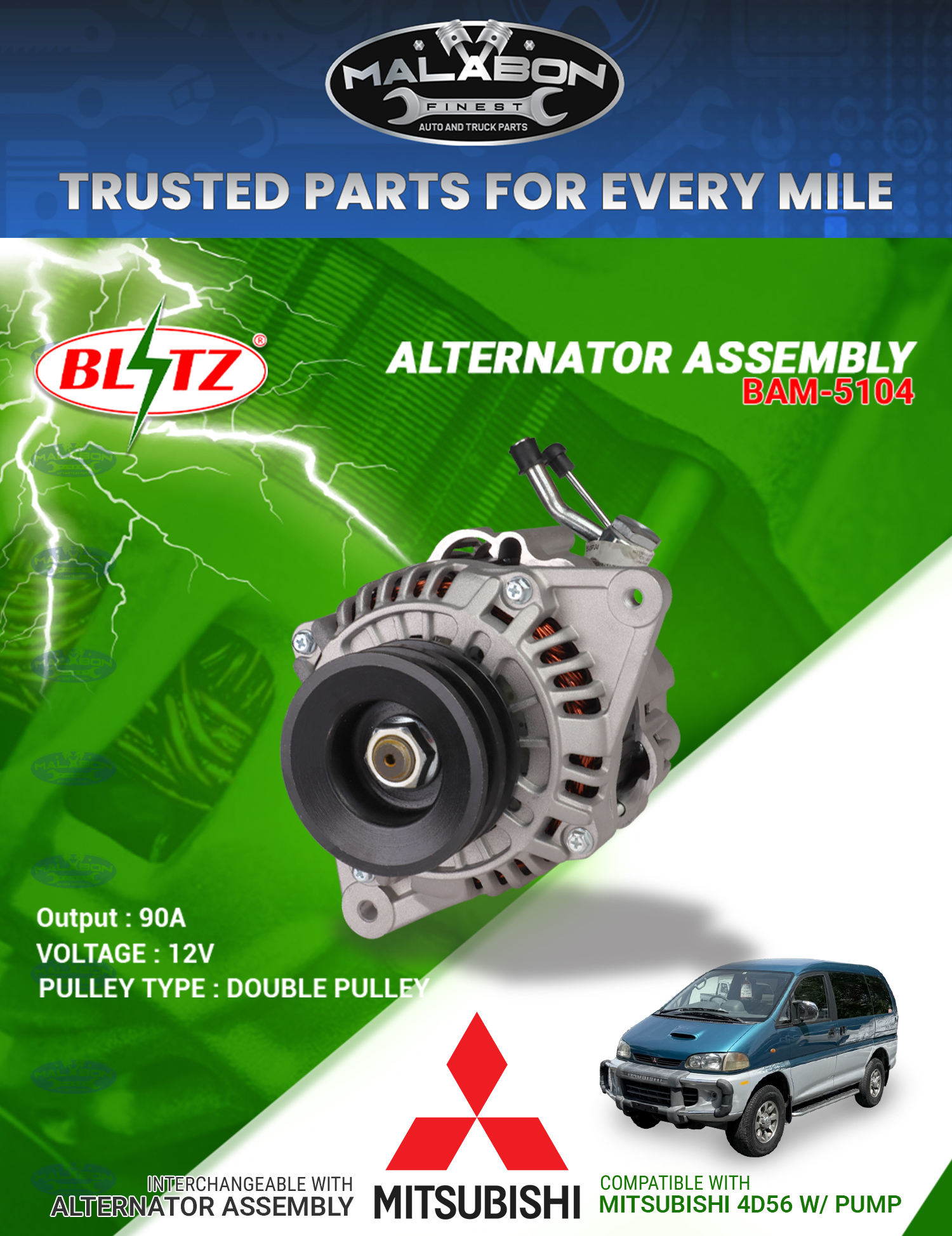 MITSUBISHI 4D56 L300 ALTERNATOR ASSEMBLY WITH PUMP 12V / 90A DOUBLE ...