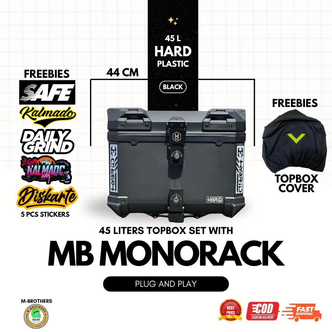 Set Black Hybriid Dura 45 Liters Hard Plastic Top Box Helmet ...