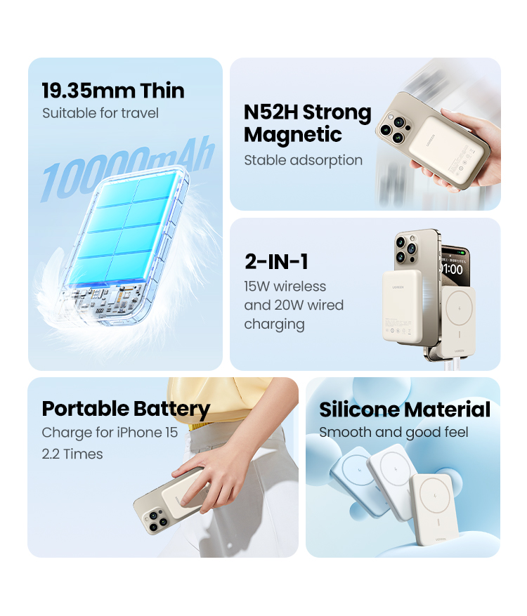 UGREEN 10000mAh Mini 20W Magnetic Wireless Power Bank Portable Snap-On ...