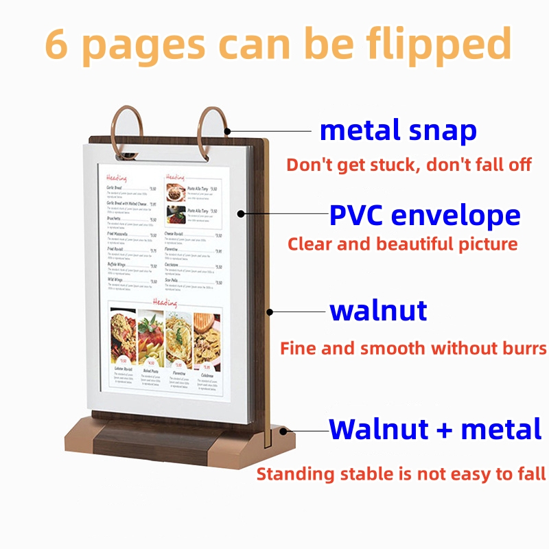 Walnut flip table card pvc menu adhesive display stand A4/A5/A6 wooden ...