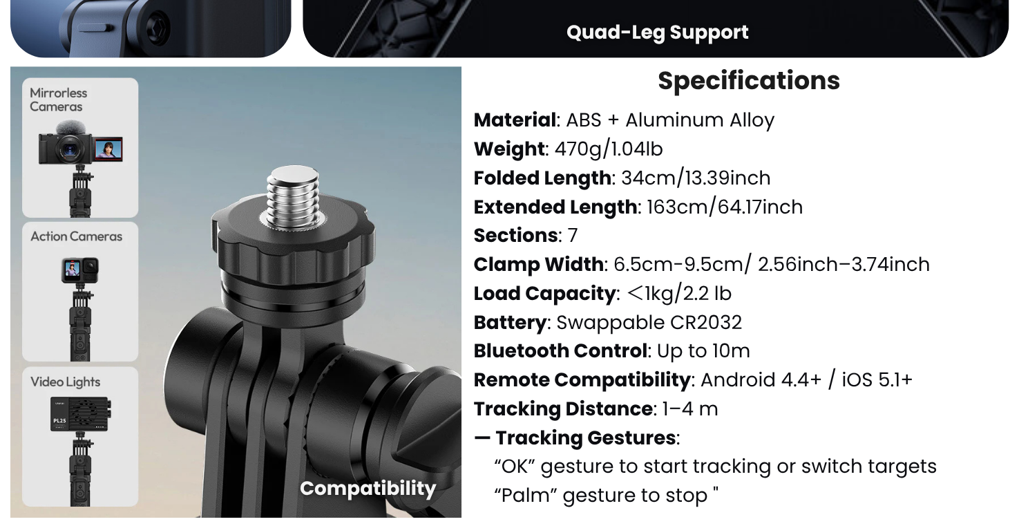 Ulanzi TT23 Auto-Tracking Selfie Stick Tripod with Quick Deploy Quad-Leg Support, Gesture ...