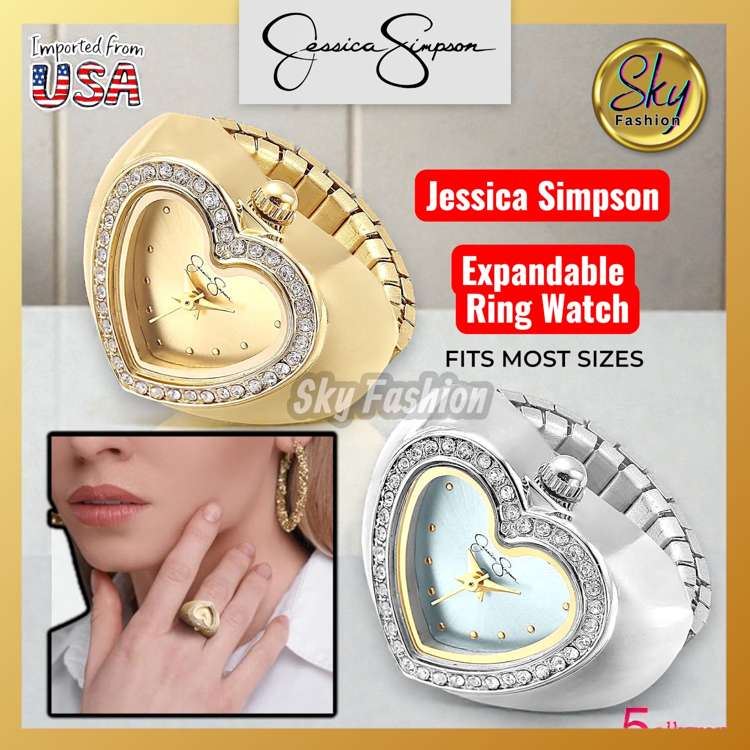 Original Jessica Simpson Expandable Ring Watch Heart Gold Silver Blue ...