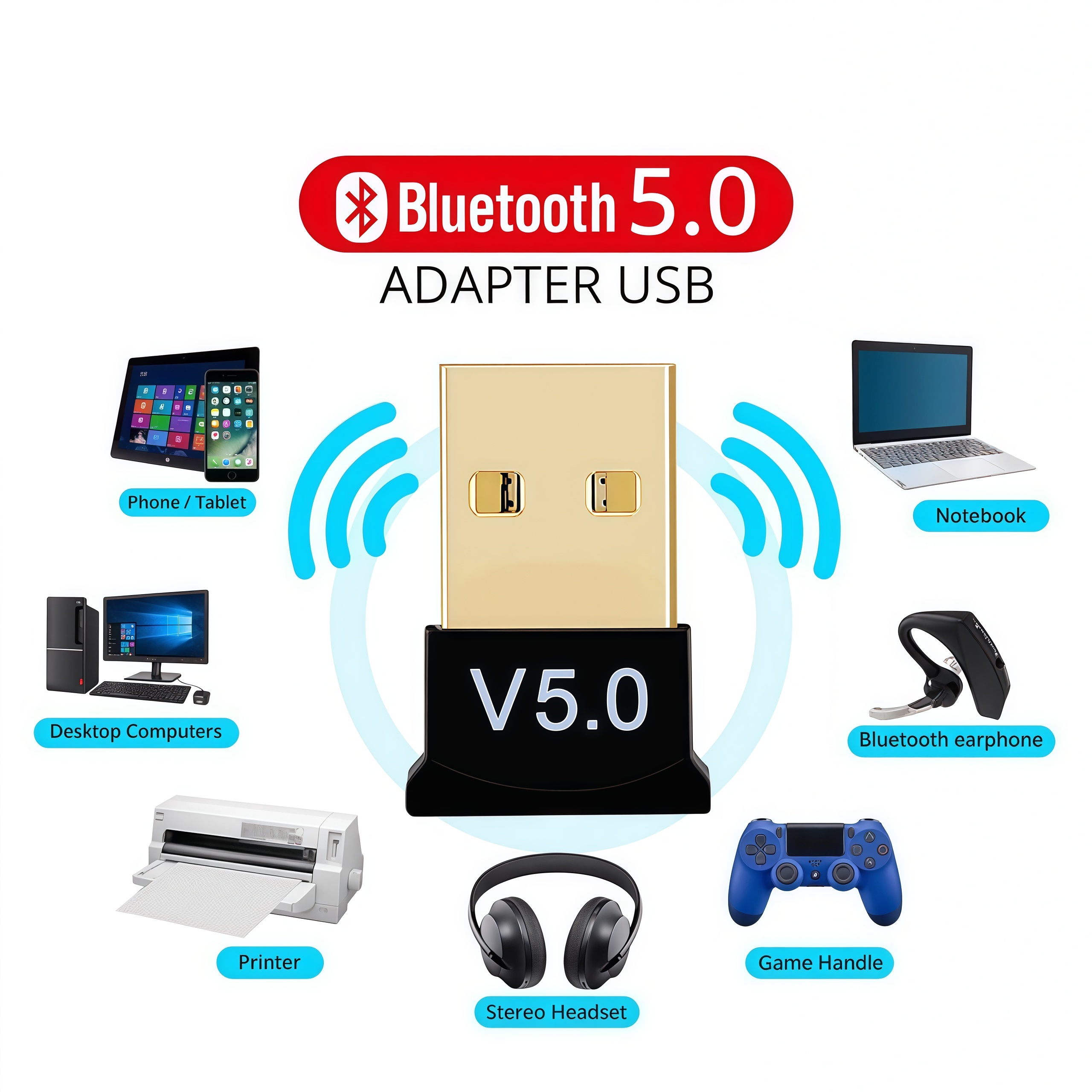 USB Bluetooth 5.0/5.3Adapter Wireless Receiver Transmitter for Desktop ...