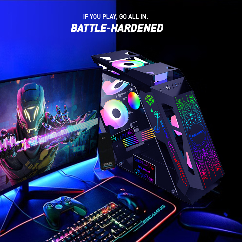 ESGAMAING Tempered Glass PC Case Build-in 6 ARGB Fans Cool Design ...