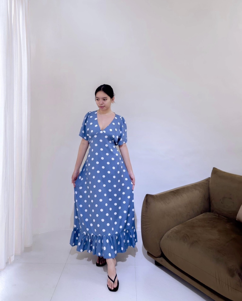 Lora Puff Sleeve Maxi Dress – Challis Fabric, Polka Print, Garter Back ...