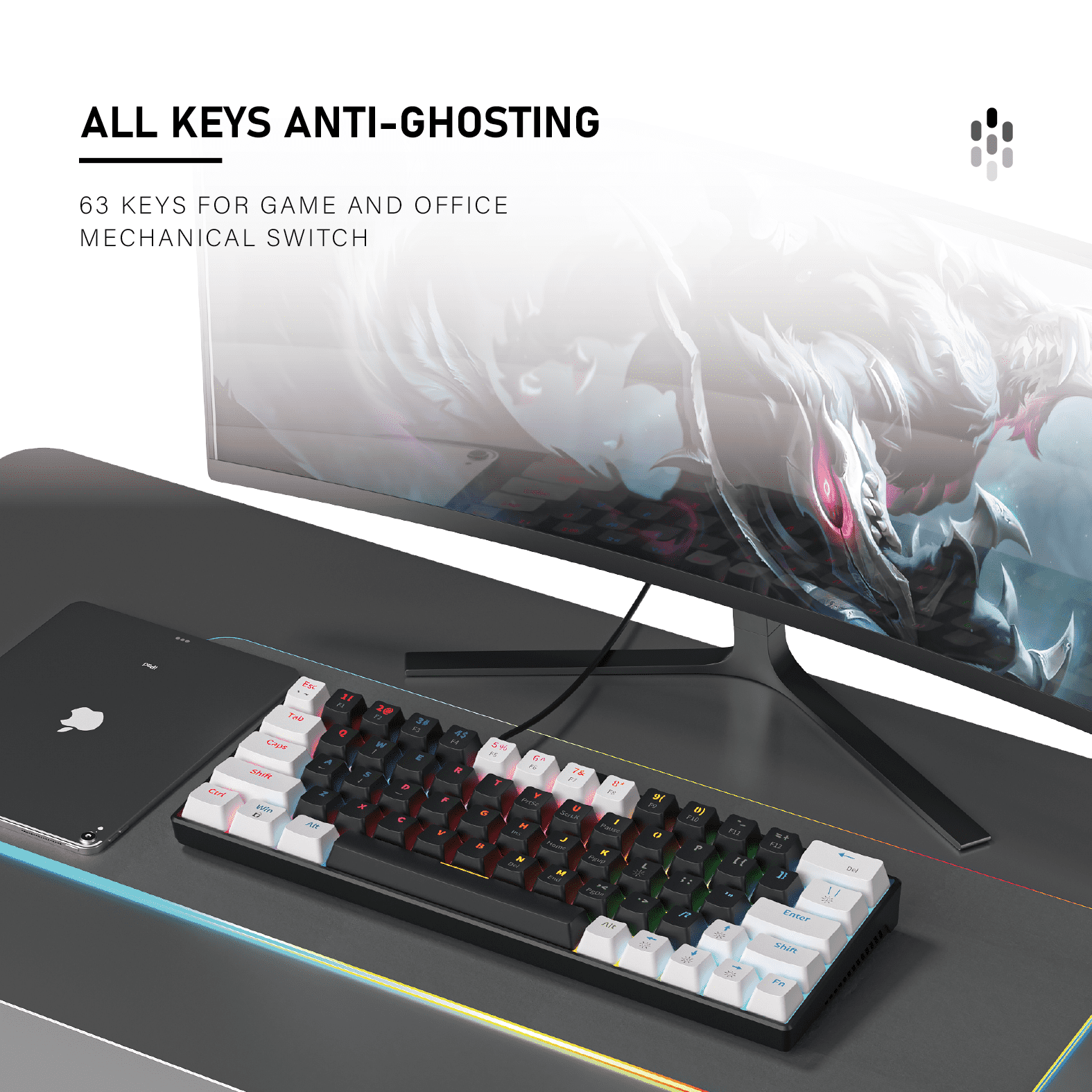 KA646 Mechanical Keyboard 63 Keys RGB Backlit Type-C Wired Hot ...