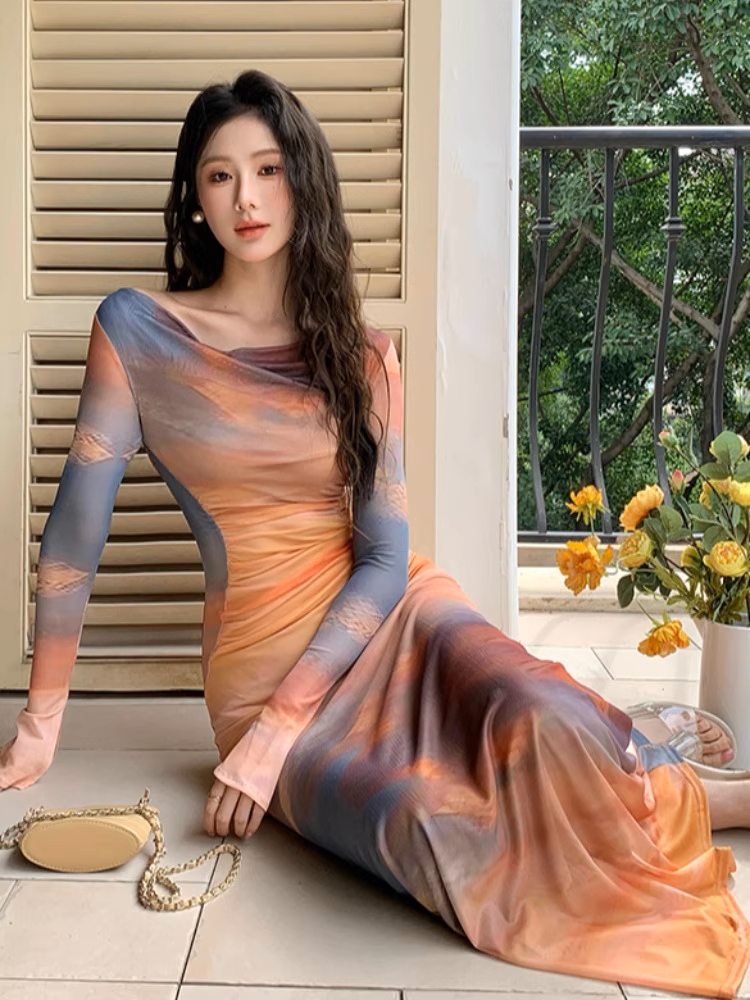 sunset tie dye terno dress floral classy layered lace long dress for ...