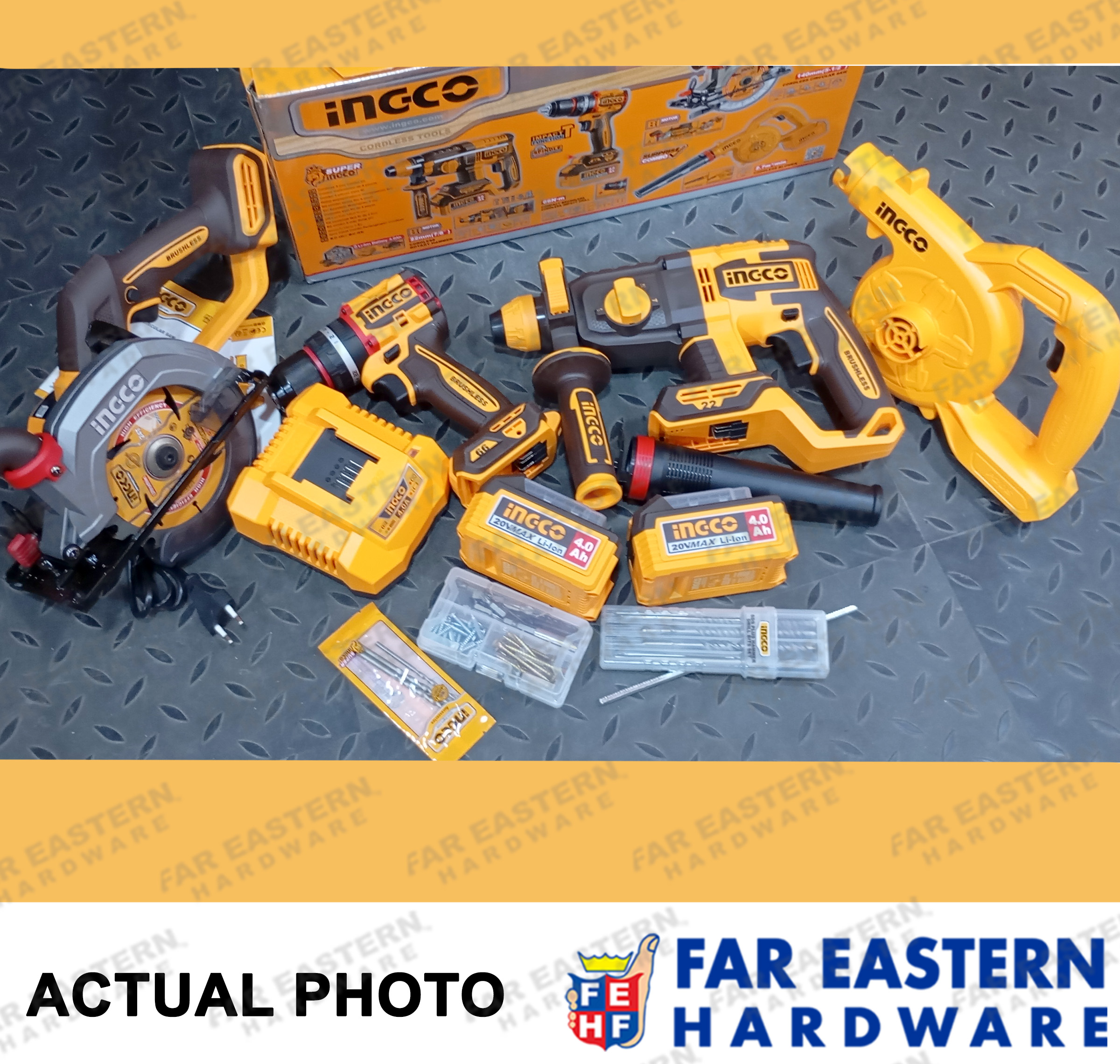 INGCO COMBO KIT Cordless Brushless Drill + Rotary Hammer + Cir. Saw ...