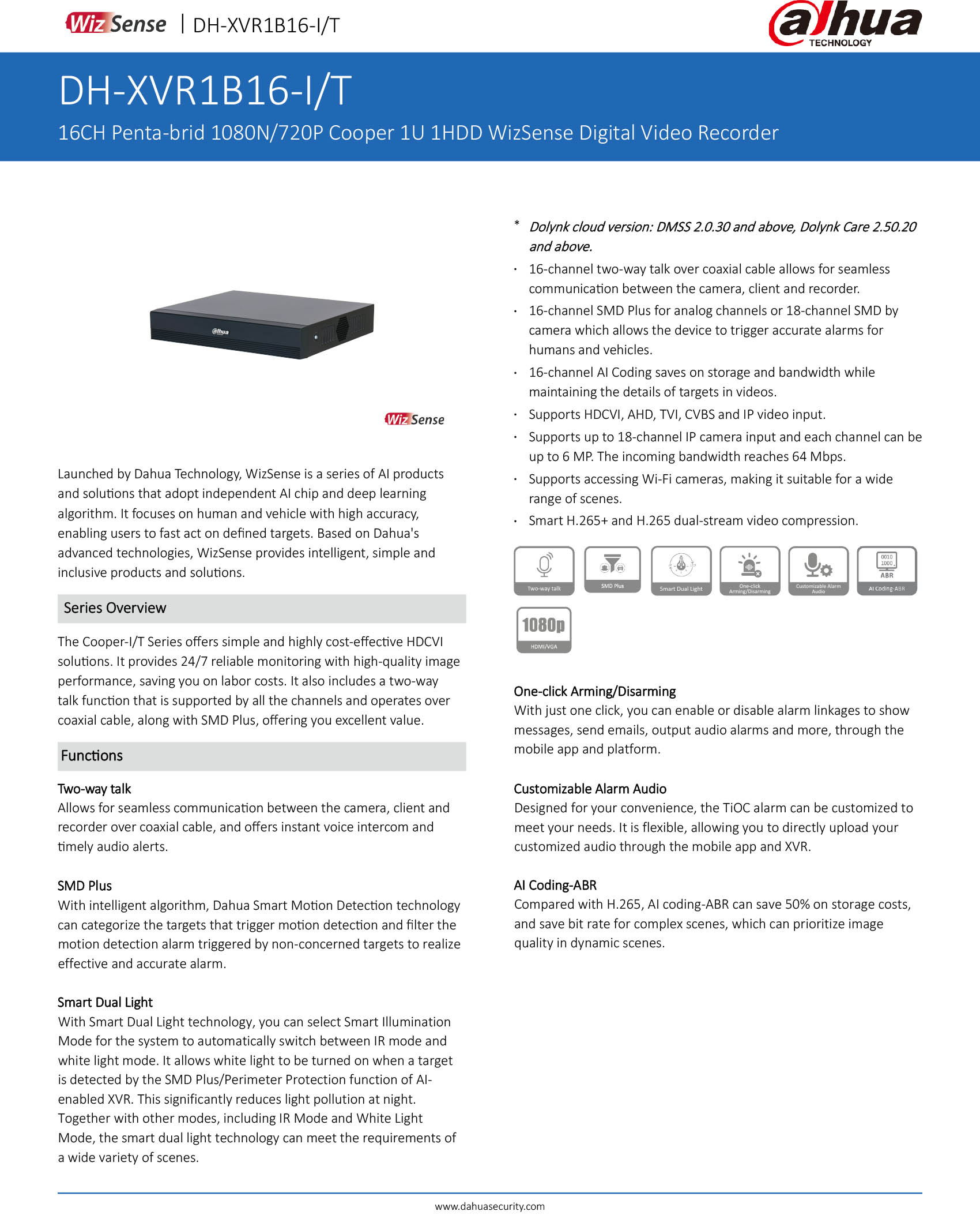 DAHUA 2MP DH-XVR1B16-I/T 16 Channel Penta-brid Cooper Series Two Way ...