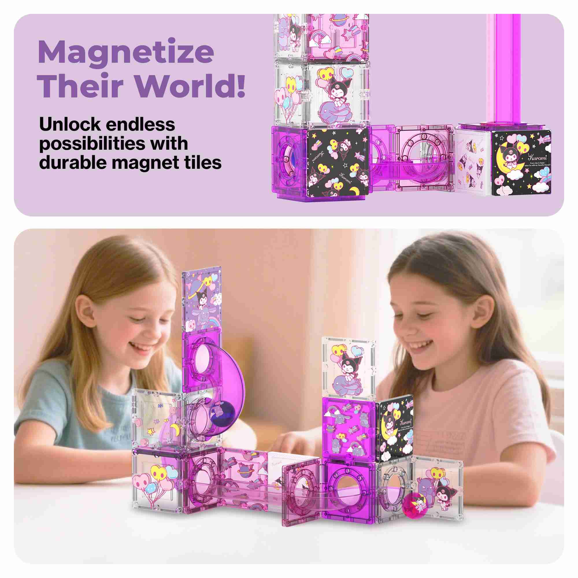 Kuromi Picasso Tiles Marble Run 46 pieces Magnetic Tiles for Kids Ages ...