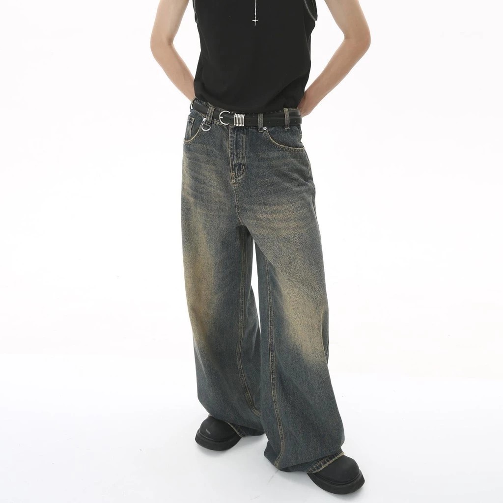 Jeans for men baggy jeans korean casual straight cut pants loose blue ...