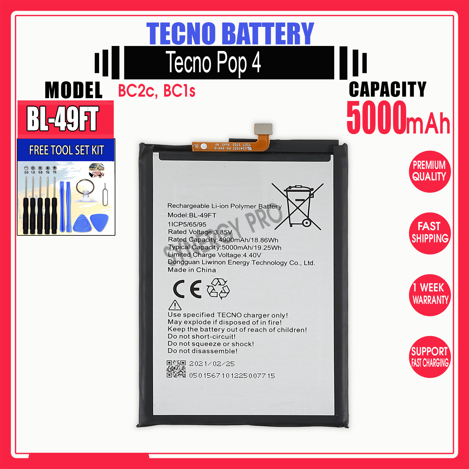 BL-49FT BATTERY FOR TECNO POP 4 BATTERY MODEL BL-49FT 5000MAH CAPACITY ...