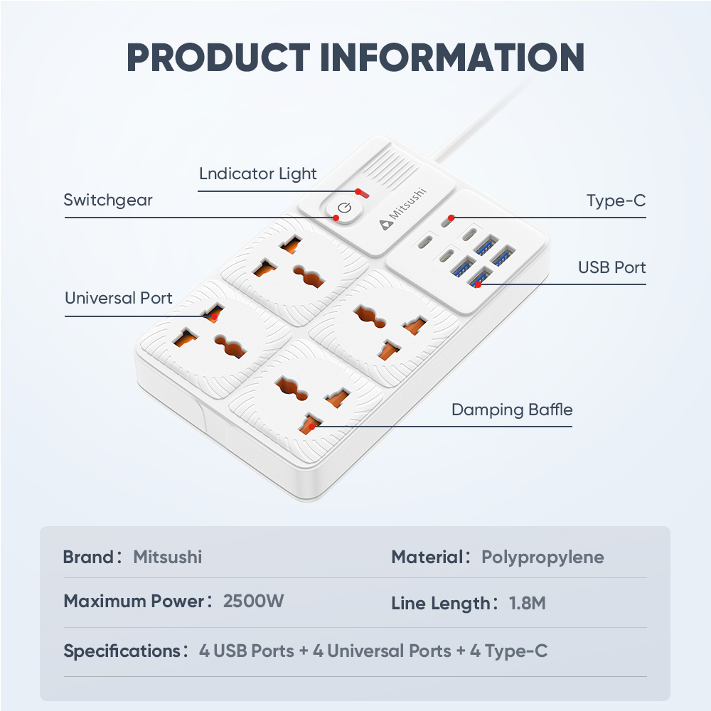 Mitsushi 2500W Extension Socket Heavy Duty Power Strip Socket 4 Sockets ...
