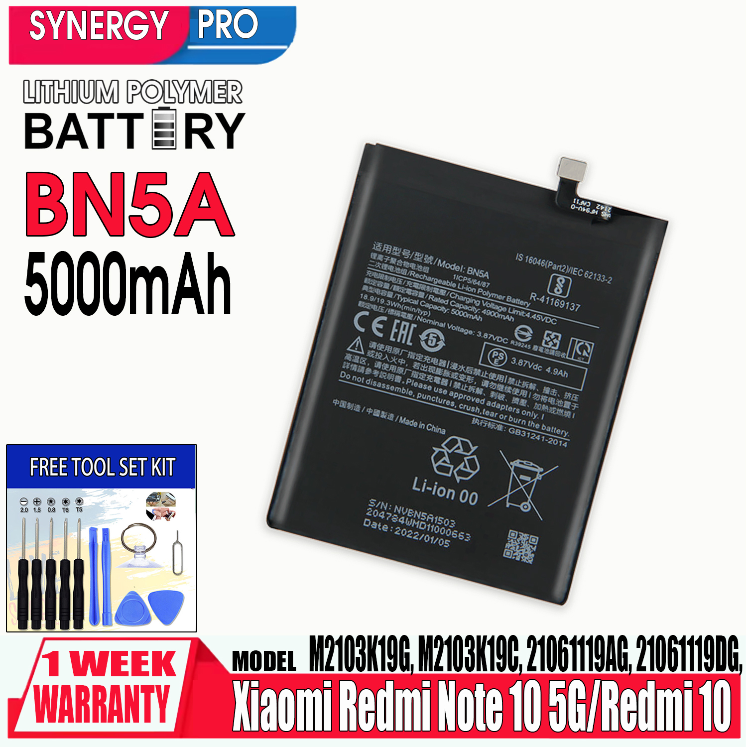 BN5A BATTERY FOR XIAOMI REDMI NOTE 10 5G/REDMI 10 BATTERY MODEL BN5A ...
