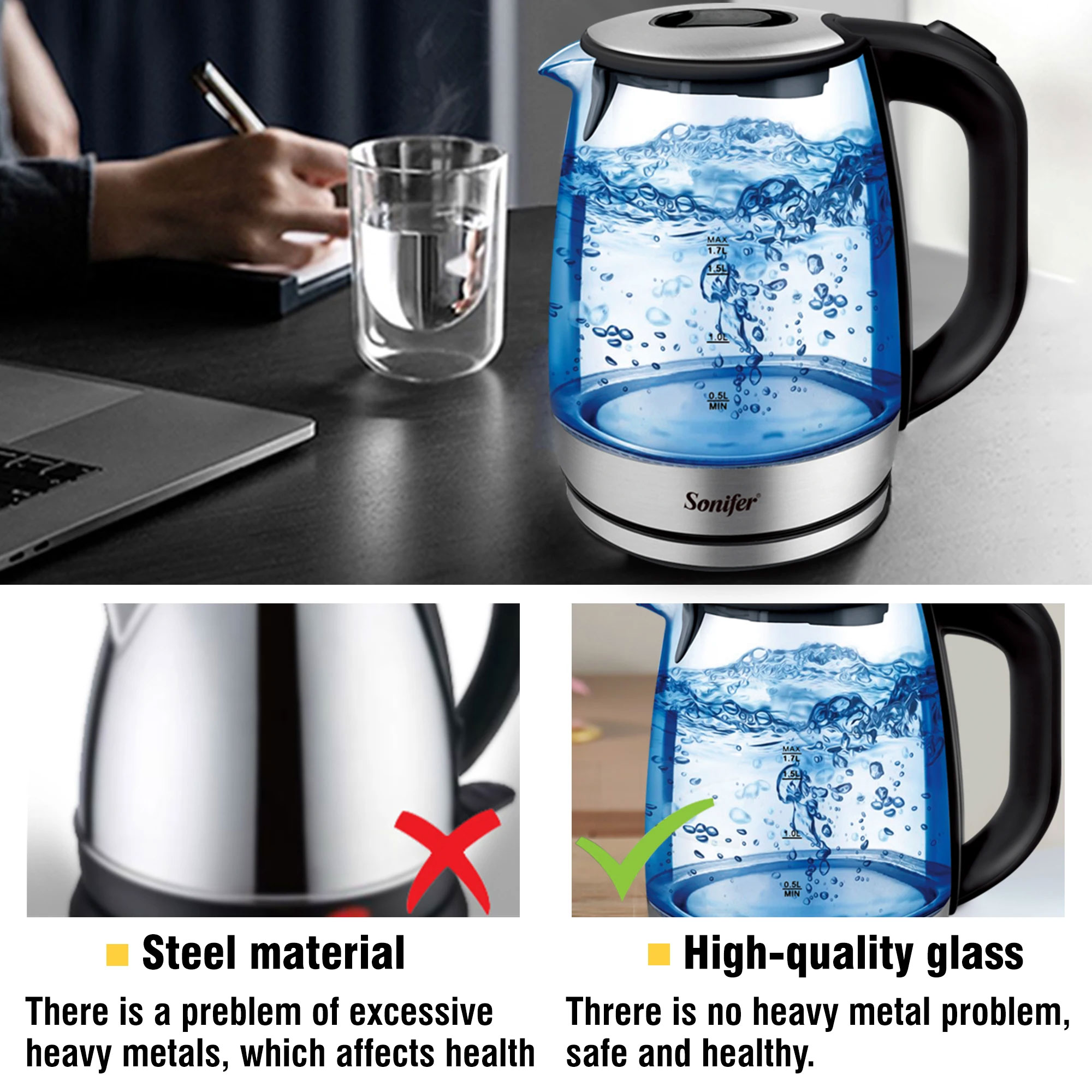 Sonifer Electric Kettle 1500W High Power Fast Boiling Electric Glass ...