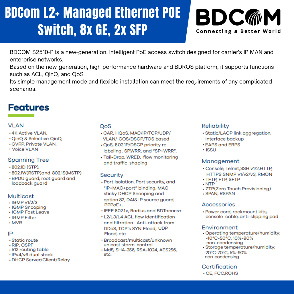 BDCom L2+ S2510-P Managed Ethernet POE Switch, 8x GE, 2x SFP, 150W POE ...